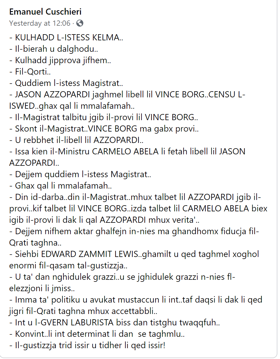 Manuel Cuschieri jakkuża lill-Maġistrata Rachel Montebello li tat ...