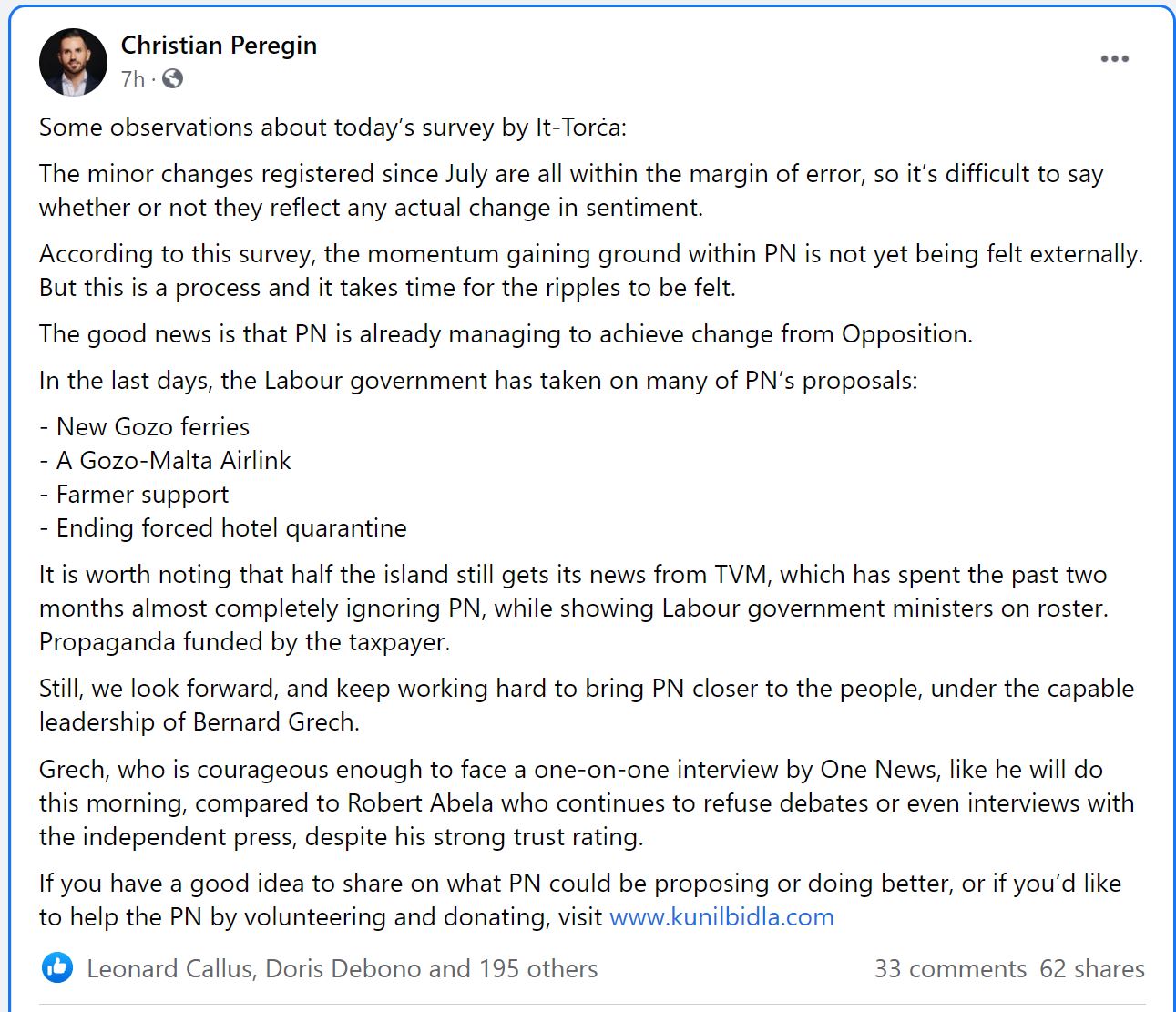 Is-survey tal-bieraħ tat-Torċa u t-tweġiba ta’ Christian Peregin