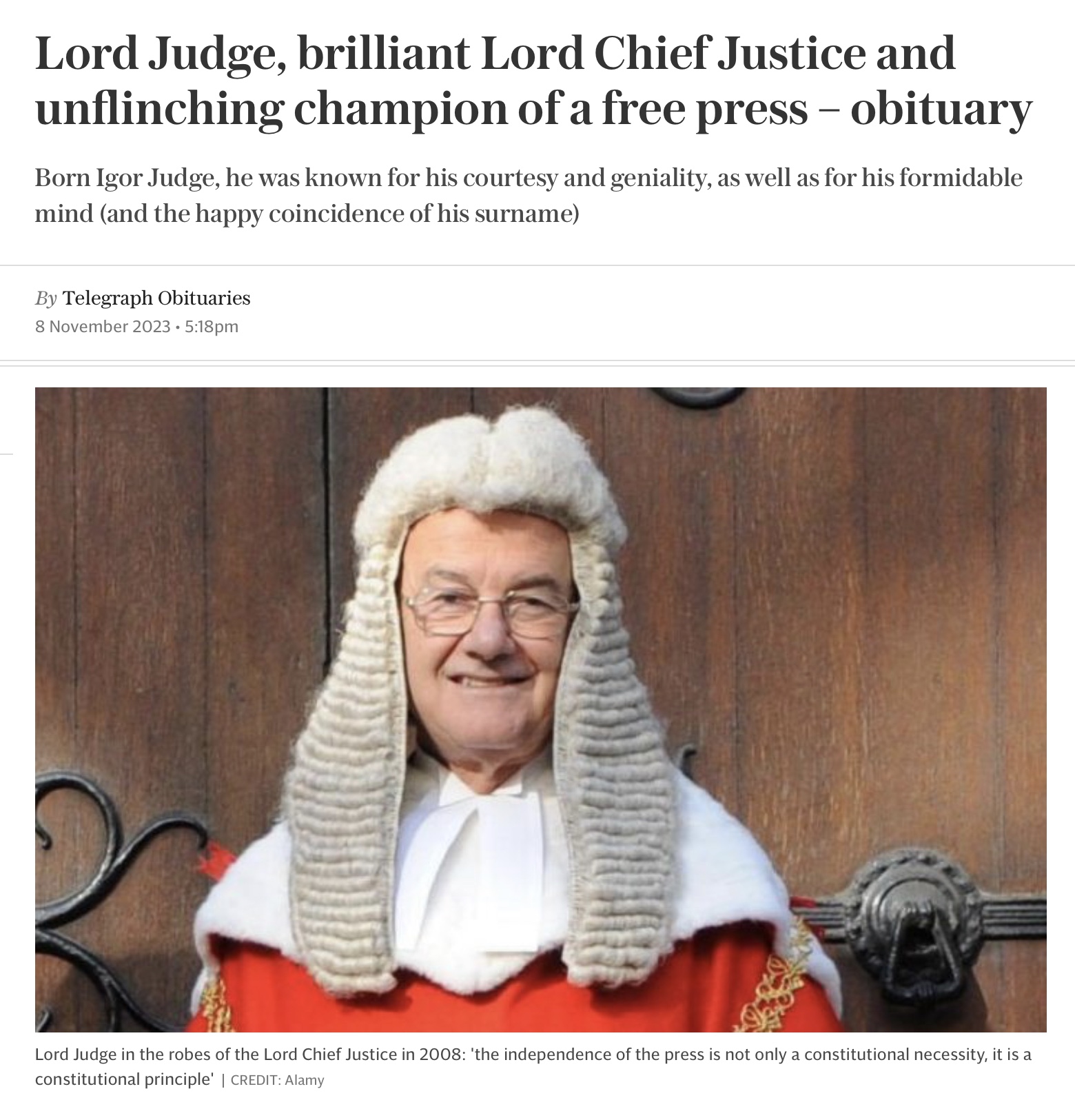 An eminent English Judge who was a champion of free-press against all ...